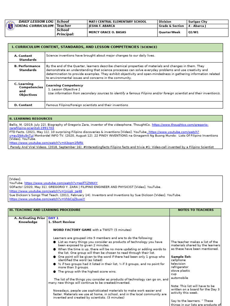 Q1 LE Science4 Lesson1-Week-1 | PDF Q1 LE Science4 Lesson1-Week-1 | PDF