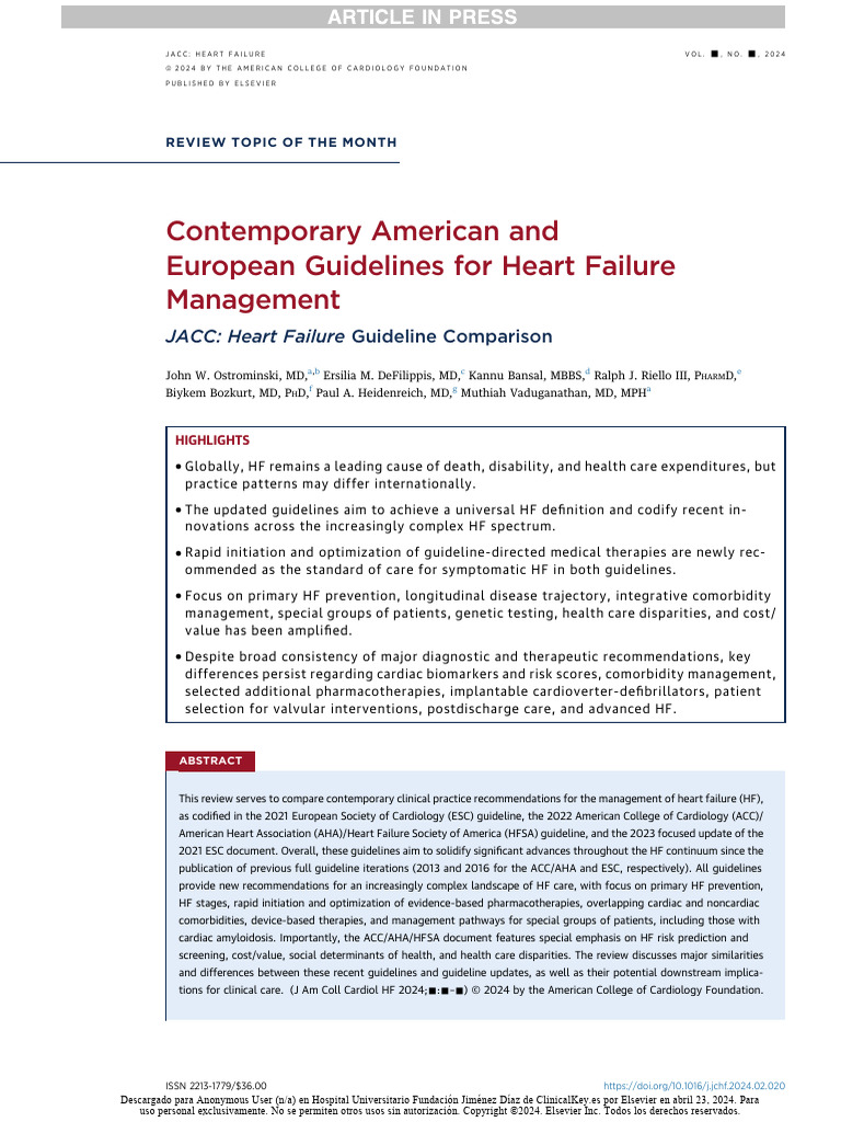 Contemporary American and European Guidelines For Heart Failure | PDF