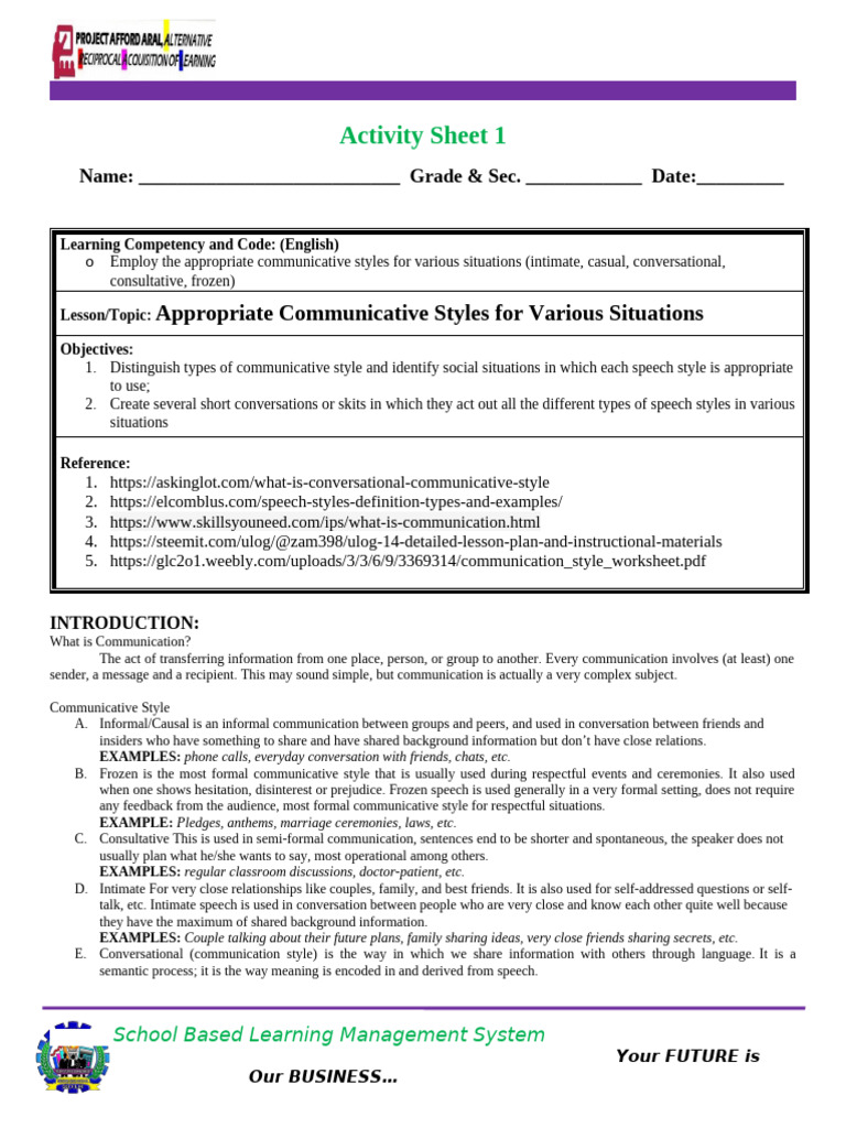 Activity Sheets Appropriate Communicative Styles | PDF