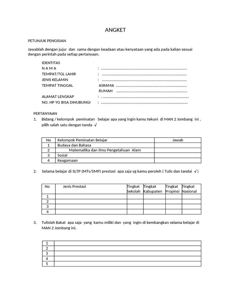 Angket Siswa Baru | PDF