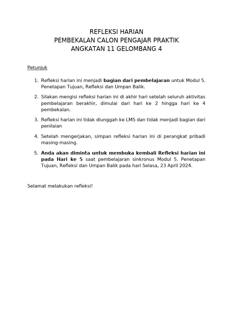LEMBAR REFLEKSI HARIAN MANDIRI (Hari Ke 2 SD Hari Ke 4) CPP - A11 - G4 | PDF