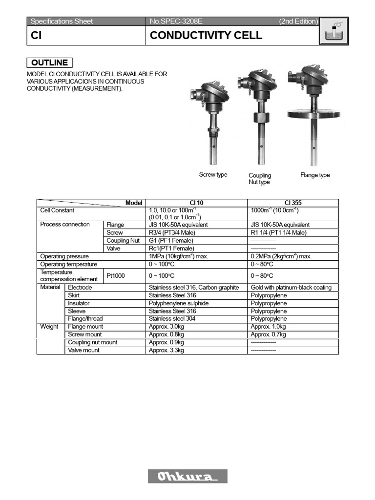 CI - CONDUCTIVITY CELL - Specification Sheet | PDF