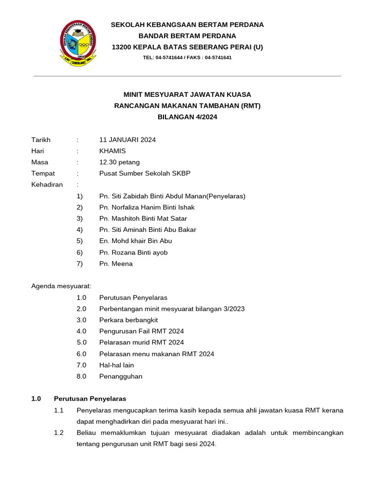 Minit Mesyuarat 4 (2024) RMT | PDF
