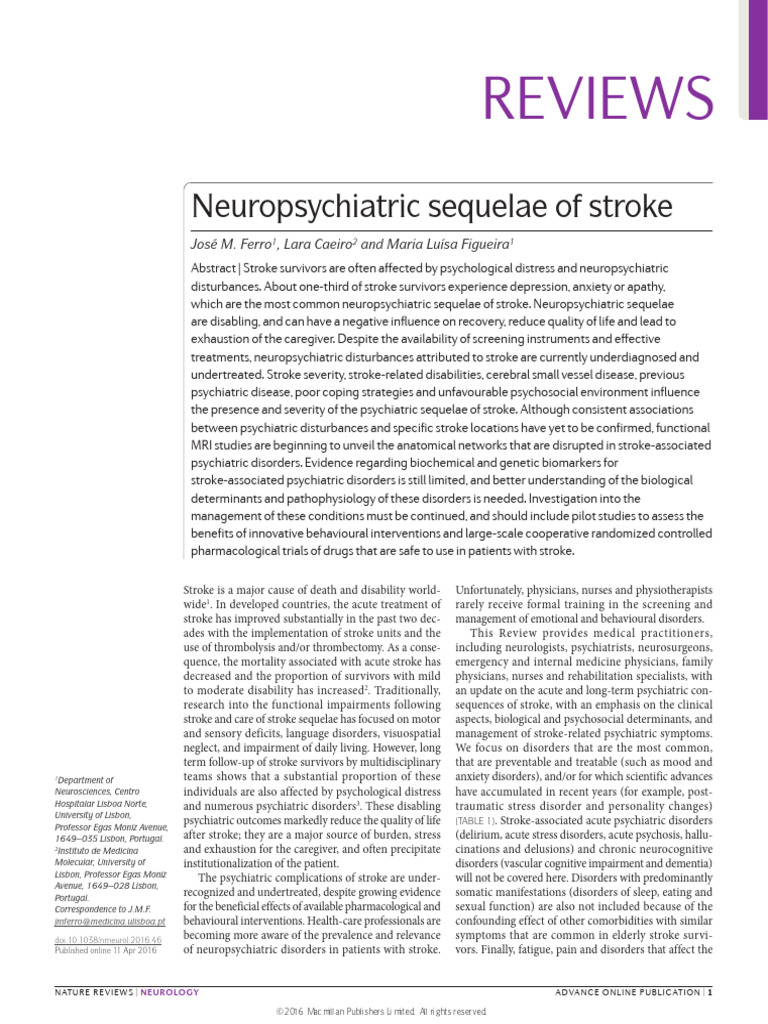 2016 Nat Rev Neurol - Neuropsychiatric sequelae of stroke | PDF