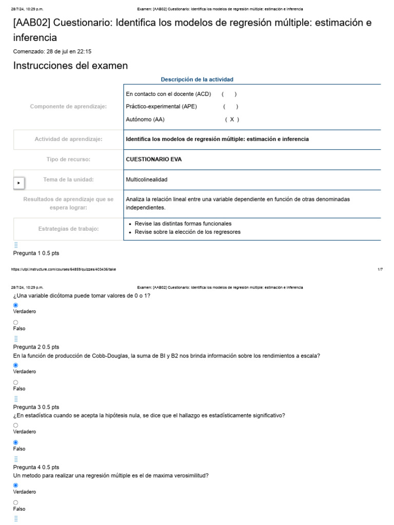 Examen - (AAB02) Cuestionario - Identifica Los Modelos de Regresión Múltiple - Estimación e ...