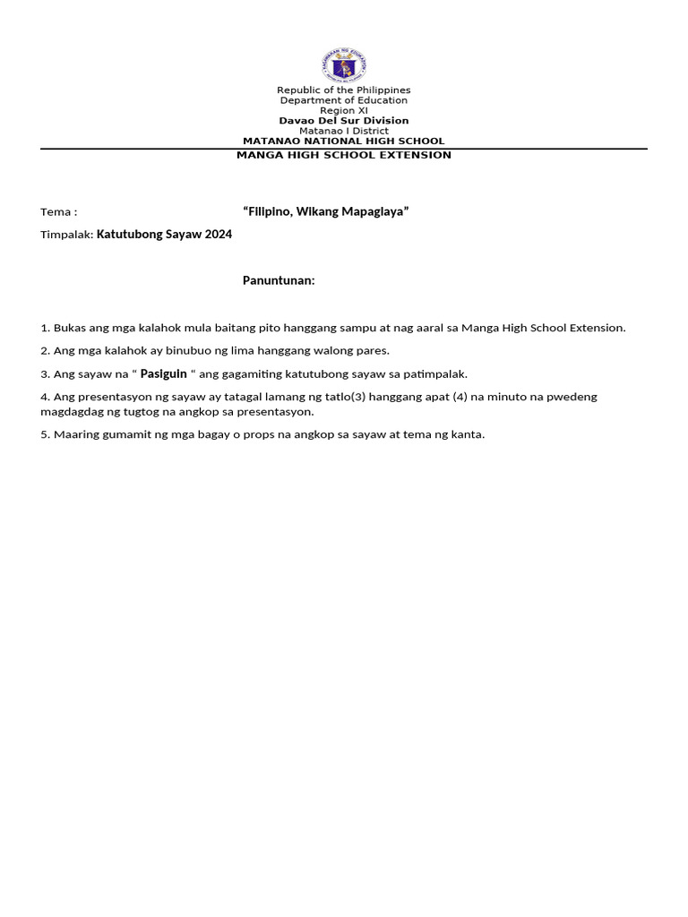Pamantayan - Sa - Katutubong - Sayaw Manga High School | PDF