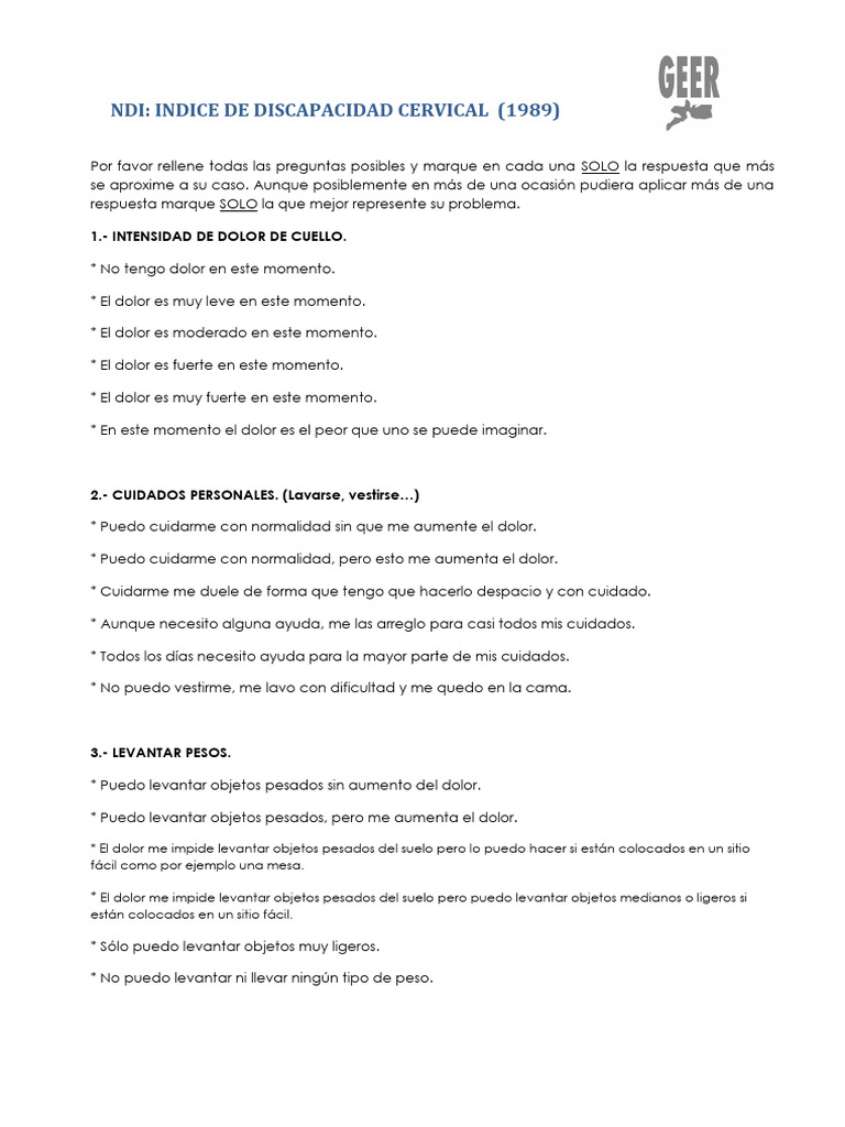 Clasificacion Ndi Discapacidad Cervical Ndi | PDF