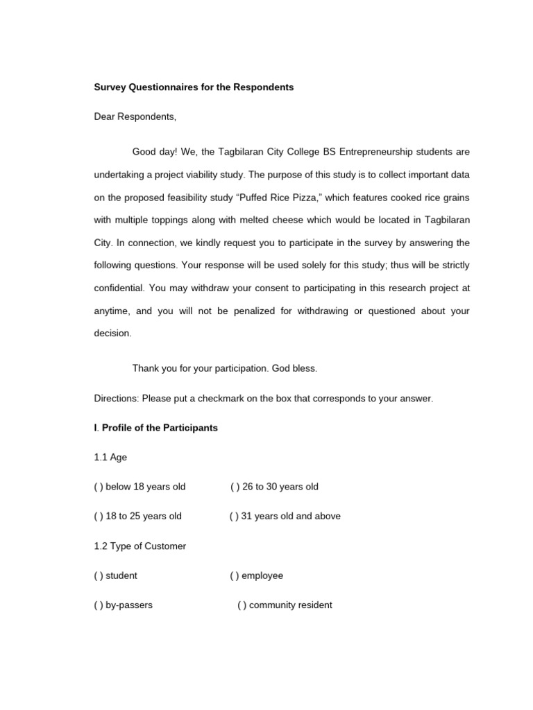 Survey Questionnaires For The Respondents | PDF
