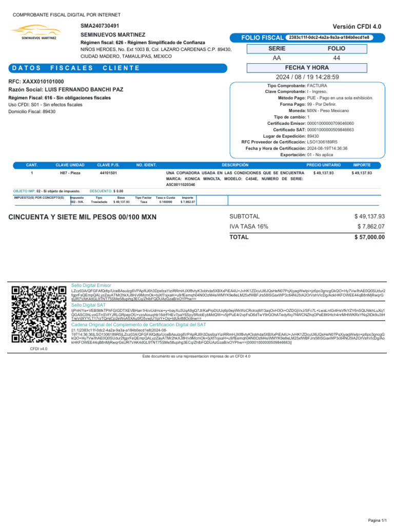 Folio Fiscal: Cincuenta Y Siete Mil Pesos 00/100 MXN | PDF