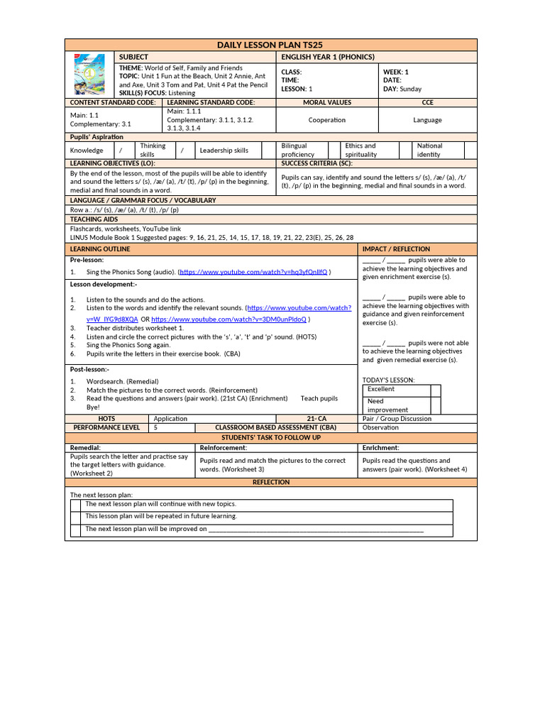 Daily Lesson Plan TS25 (Phonics W1) | PDF