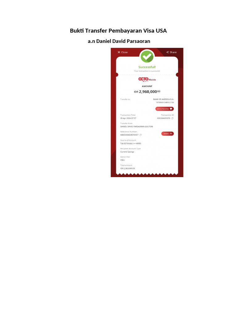 Bukti Transfer Pembayaran Visa USA | PDF