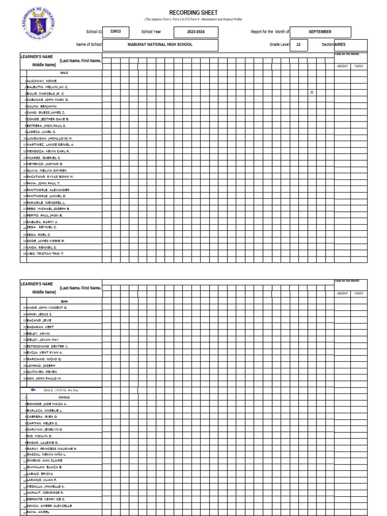 Attendance Sheet Sy2024 2025 | PDF