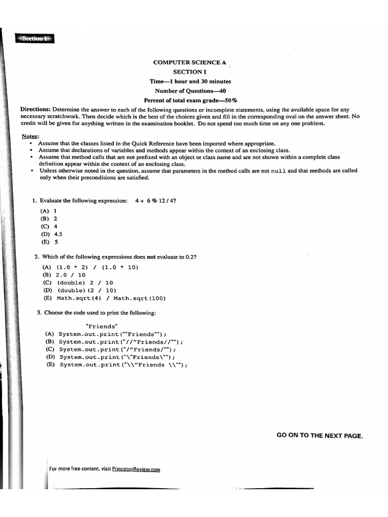 Princeton AP CS Practice Test 1 Section 1 | PDF