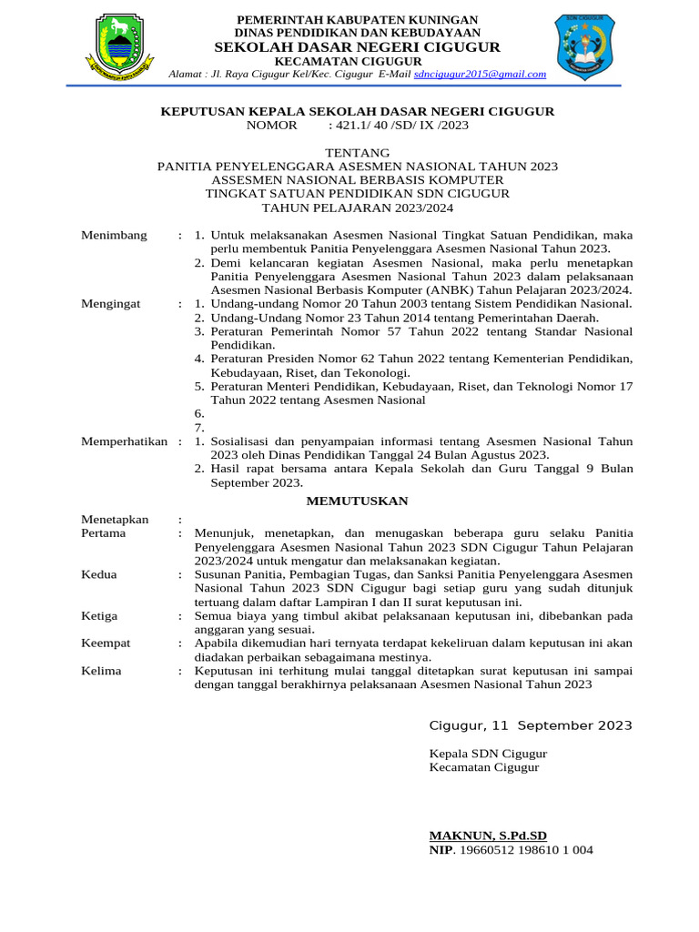 SK Panitia Penyelenggara ANBK Tahun 2023 | PDF