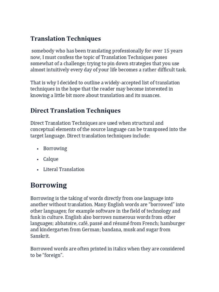 Translation Techniques | PDF Translation Techniques | PDF