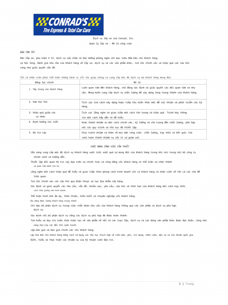 Tire Manager Competency Based Job Description | PDF