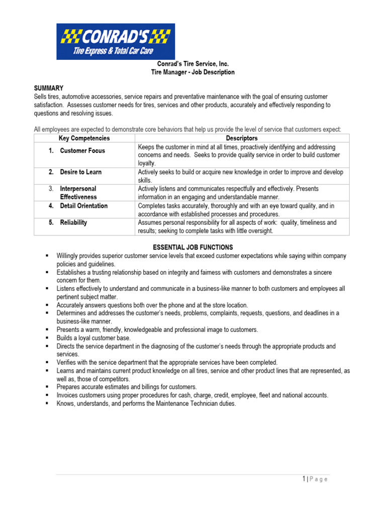 Tire Manager Competency Based Job Description | PDF