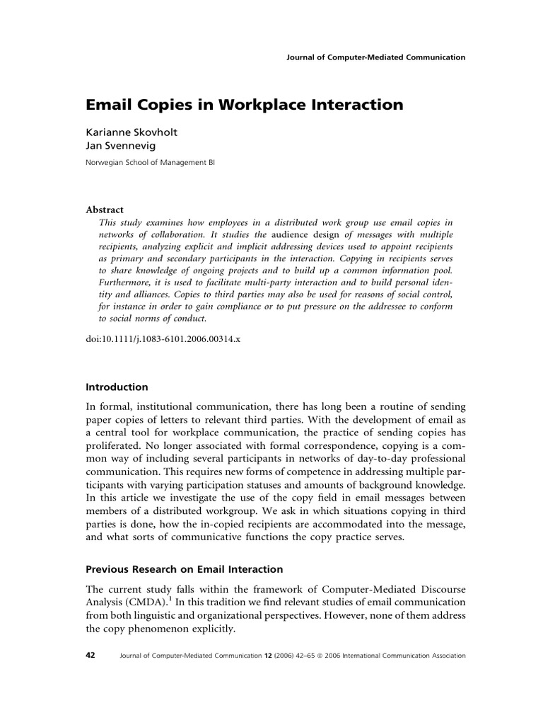J Comp Mediated Comm - 2006 - Skovholt - Email Copies in Workplace ...