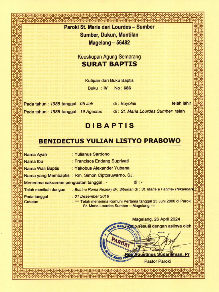 Surat Baptis Yulian Listyo | PDF