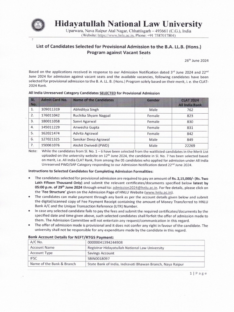 Admission To The B.A.LL - .B. Hons. Program Against Vacant Seats | PDF