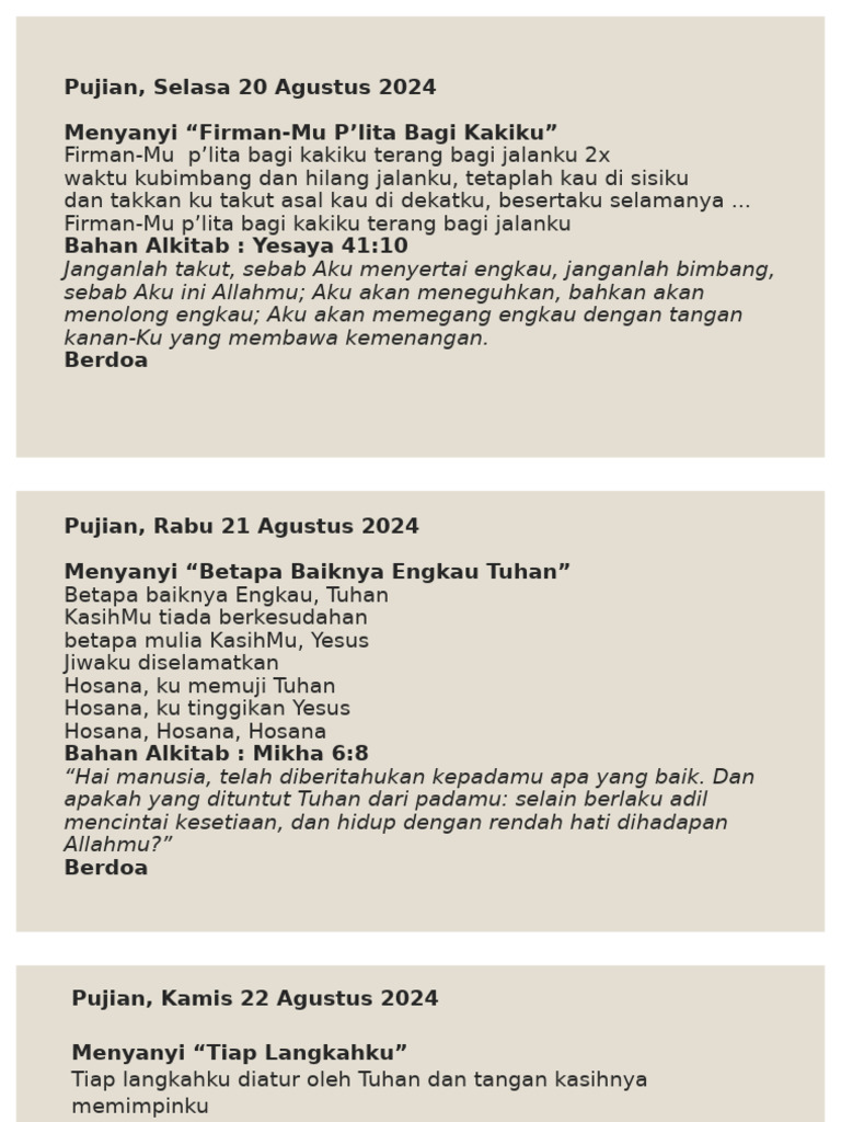 Pujian 20-24 Agustus 2024 SMK Kristen Tagari | PDF