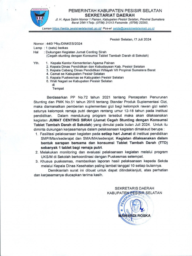 Dukungan Kegiatan Jum'at Centing Sirah (Cegah Stunting Dengan Konsumsi ...