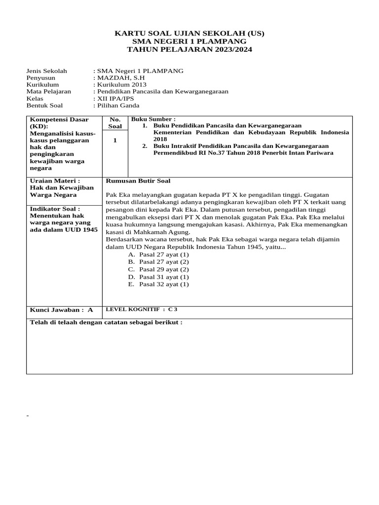 KARTU SOAL US 2024 | PDF