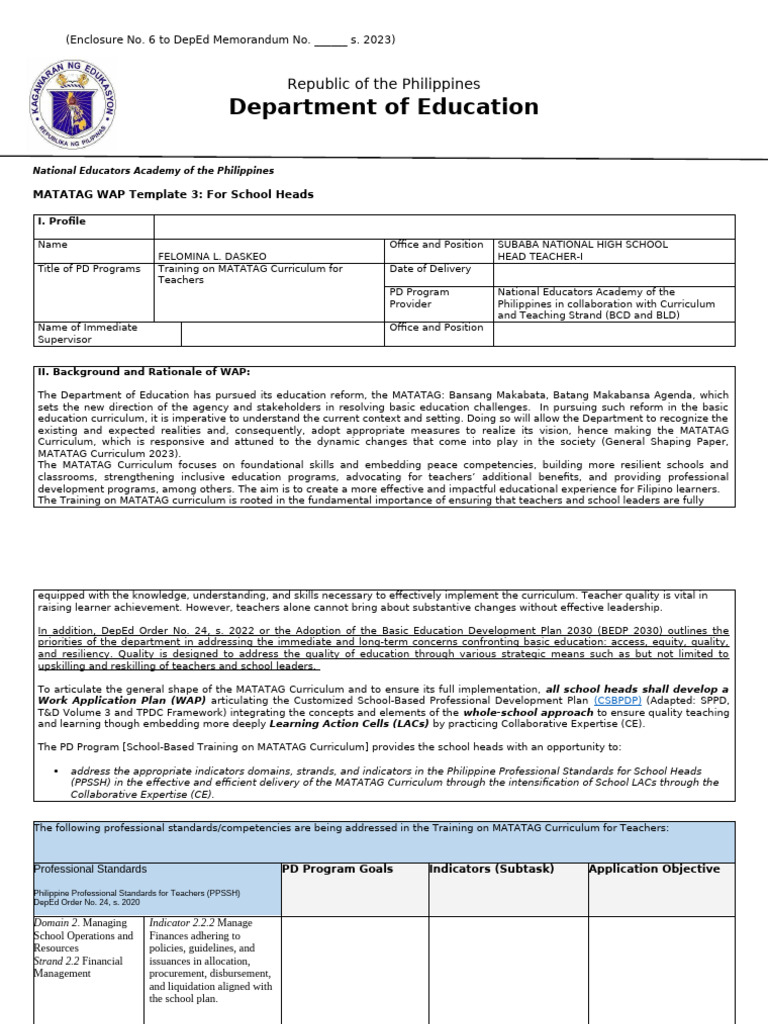WAP Template - School Heads | PDF