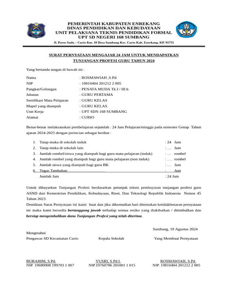 Surat Pernyataan 24 Jam TPG 2024 - II - Google Dokumen | PDF