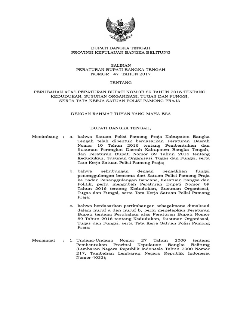 Perbup Nomor 47 Tahun 2017 Tentang Perubahan Atas Perbup Nomor 89 Tahun ...
