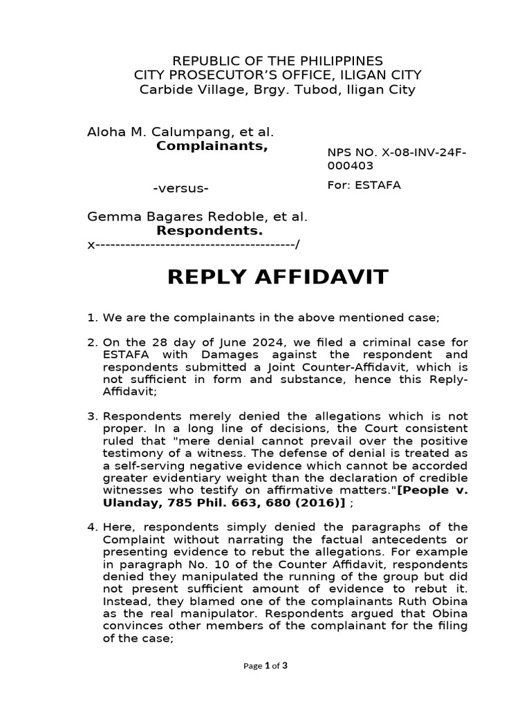 Reply Affidavit | PDF