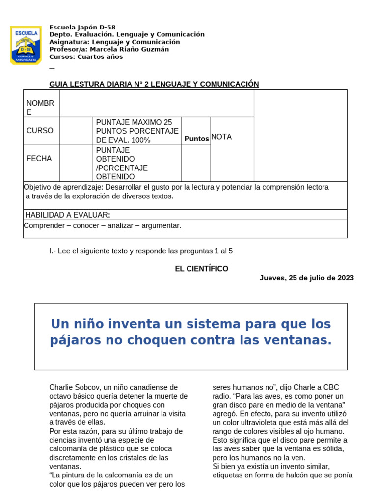 GUIA LECTURAS DIARIAS N°2 CUARTOS BASICOS | PDF