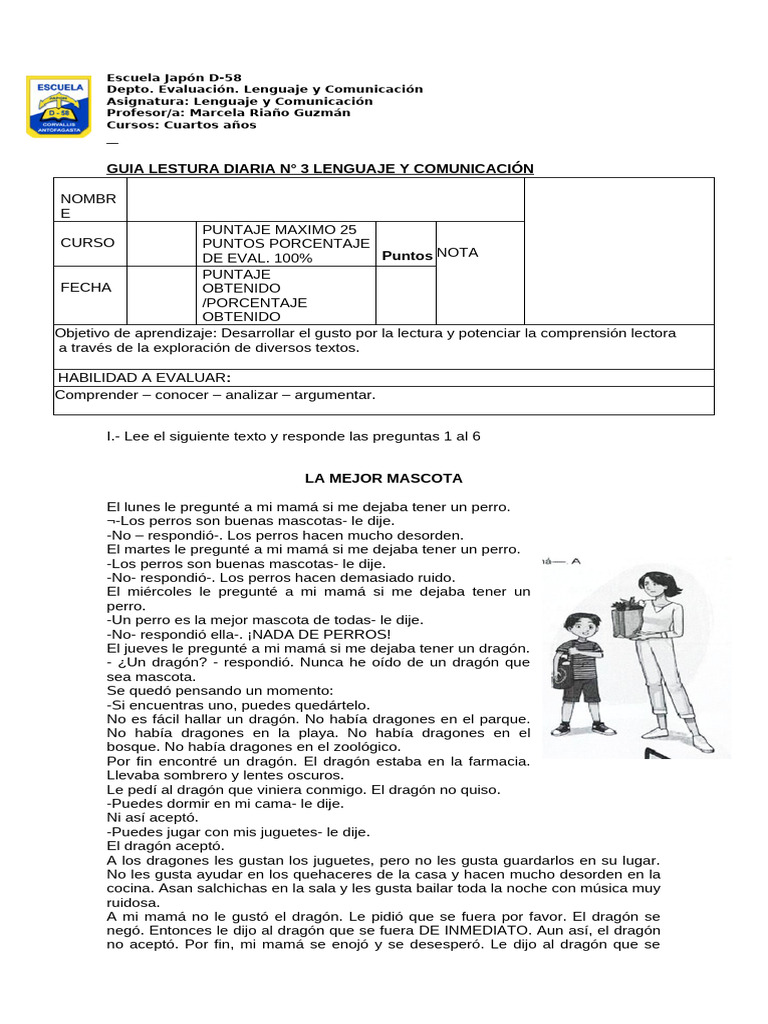 Guia Lecturas Diarias N°3 Cuartos Basicos | PDF