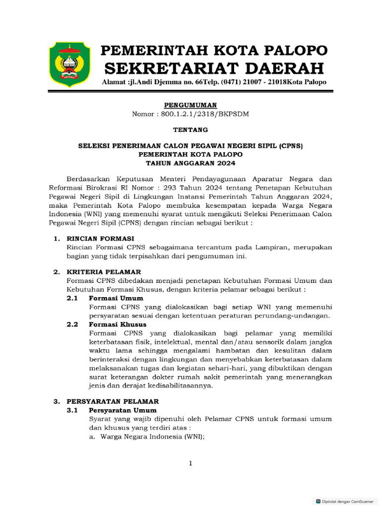 Pengumuman Seleksi Penerimaan Calon Pegawai Negeri Sipil (CPNS) Pemerintah Kota Palopo Tahun ...