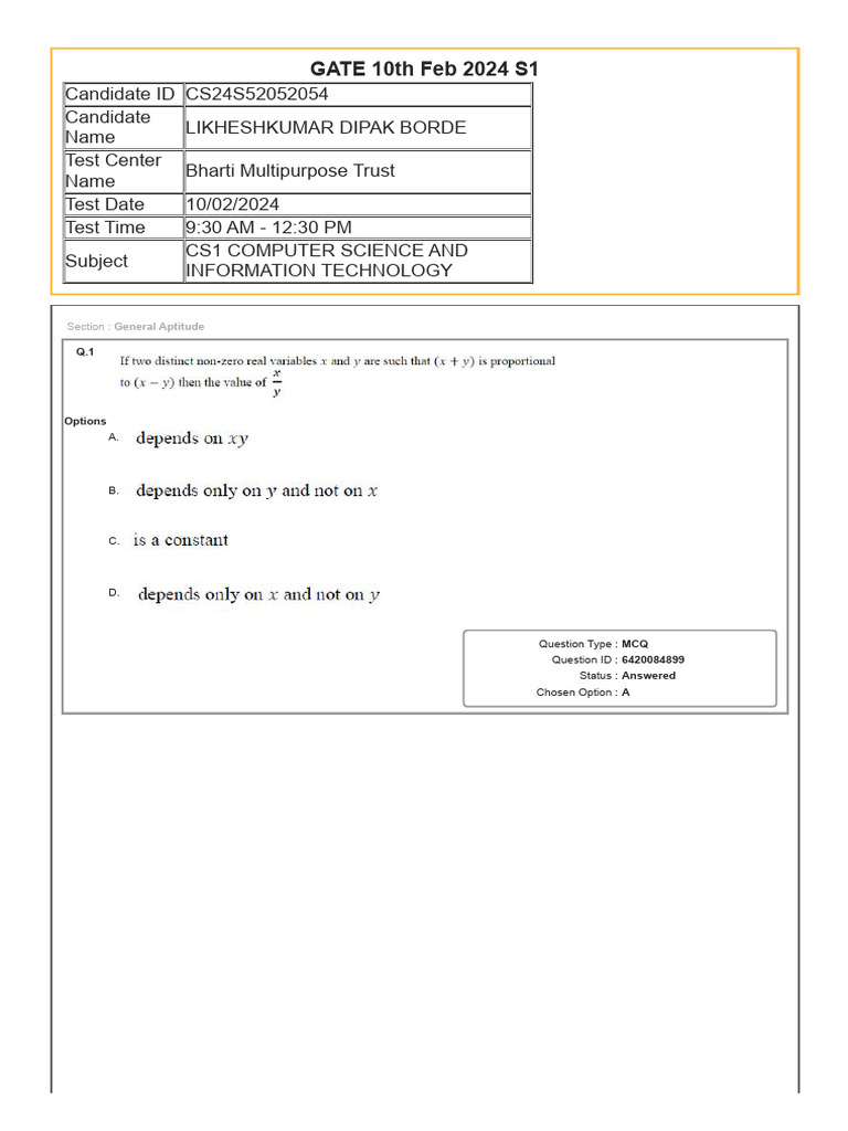 Ans Sheet Gate 2024 | PDF