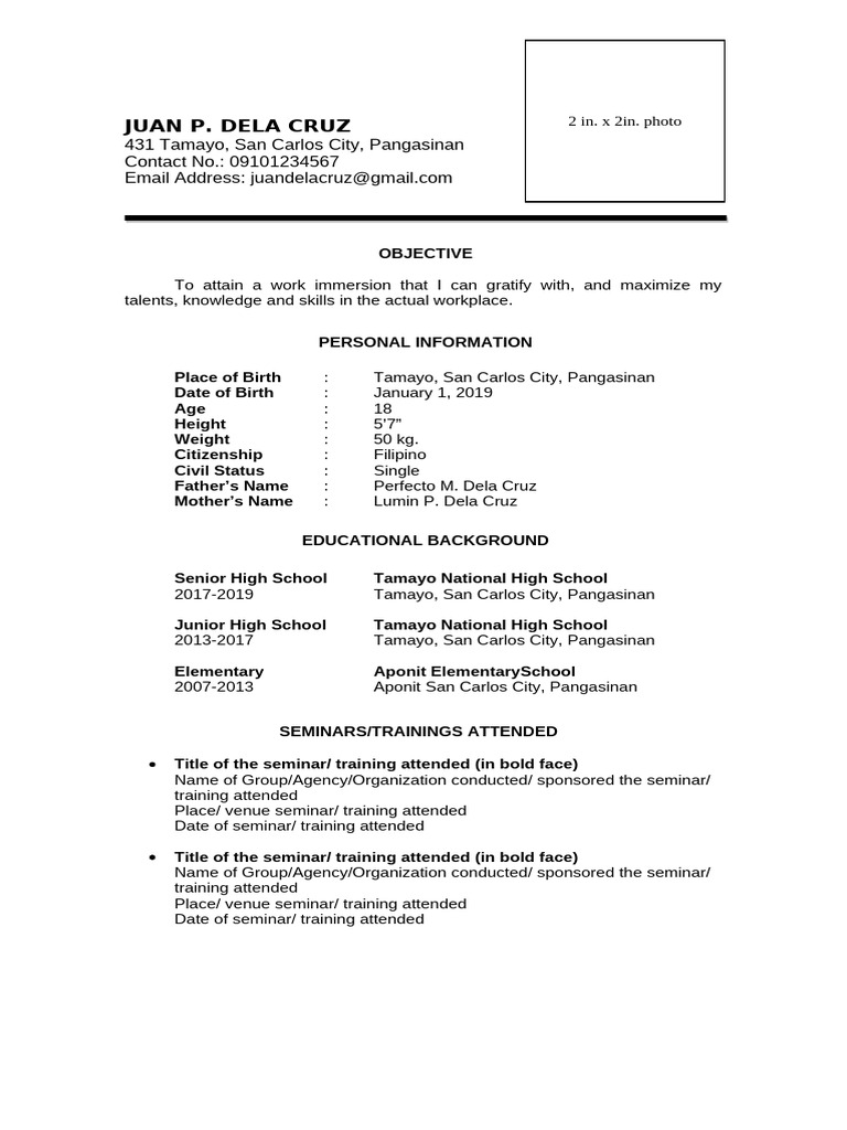 Resume Template Work Immersion | PDF