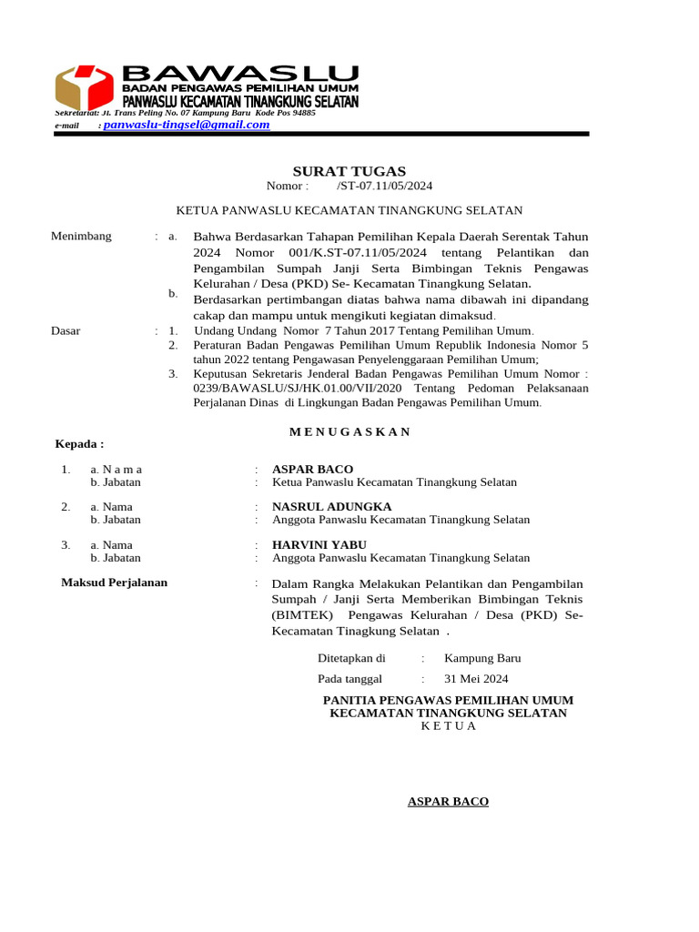 Surat Tugas: Menugaskan Kepada: Aspar Baco | PDF