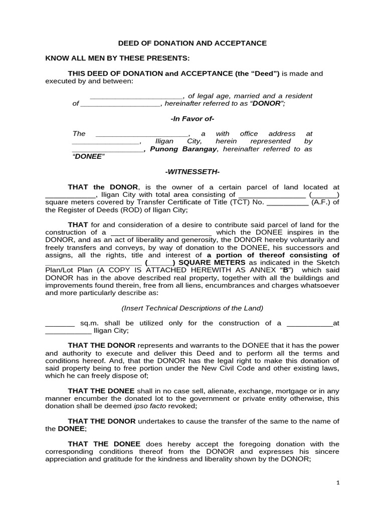DEED OF DONATION AND ACCEPTANCE Sample | PDF