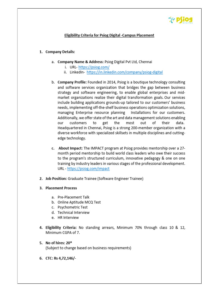 Campus 2025 - Eligibility Criteria For Psiog Digital - Campus ...