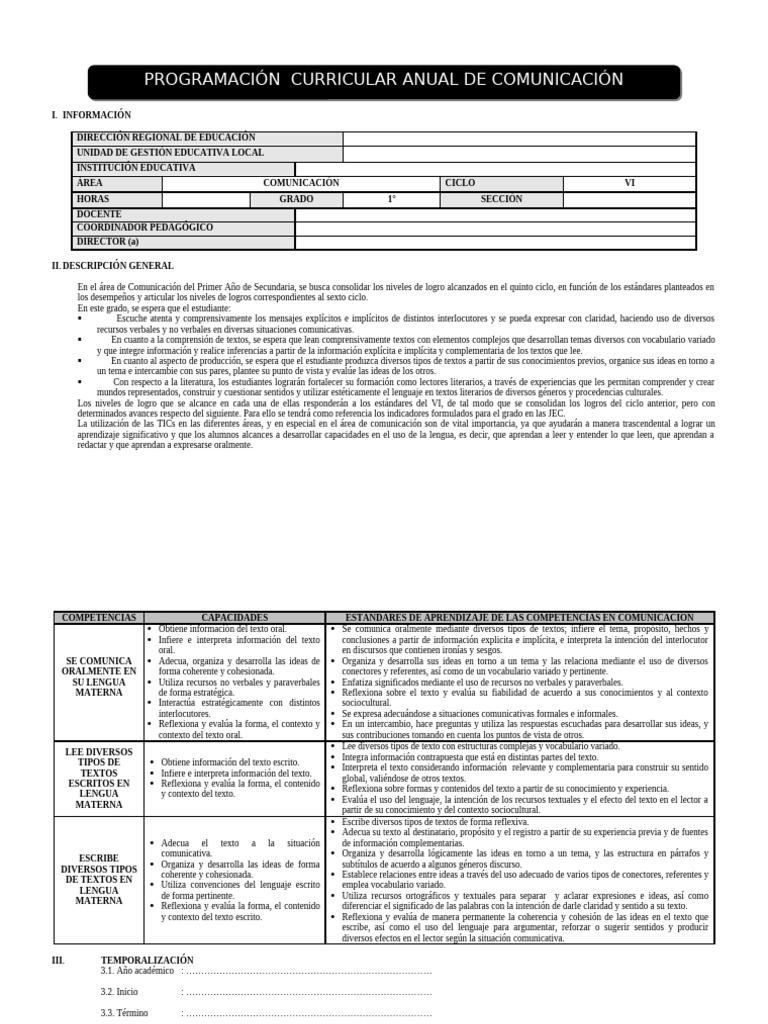 1ro Programacion Anual Comunicación | PDF