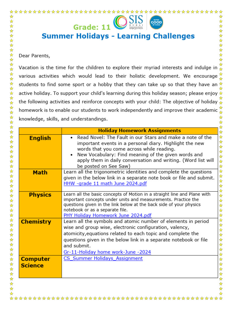 Grade 11 - Summer Holiday Homework - June 2024 | PDF