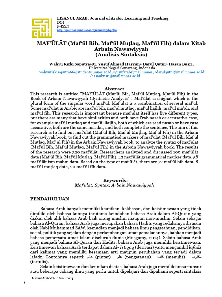 Mafulat (Maf'ul Bih, Maf'ul Mutlaq, Maf'ul Fih) Dalam Kitab Arbain Nawawiyyah | PDF