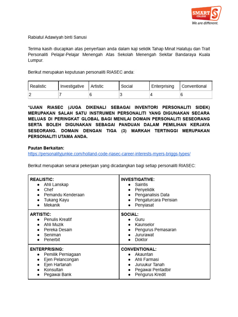 Template Keputusan RIASEC | PDF