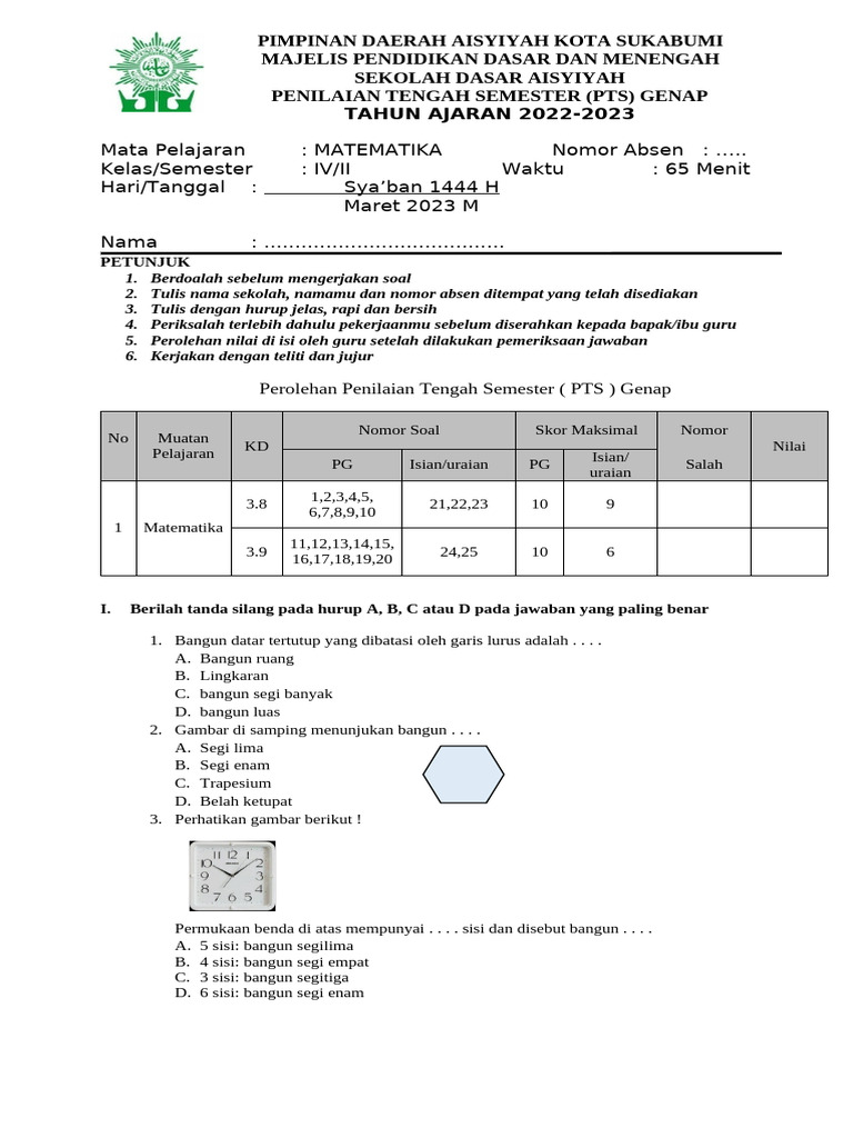 Pts Genap - 4 - MTK - Soal Dan Kunci Jawaban | PDF