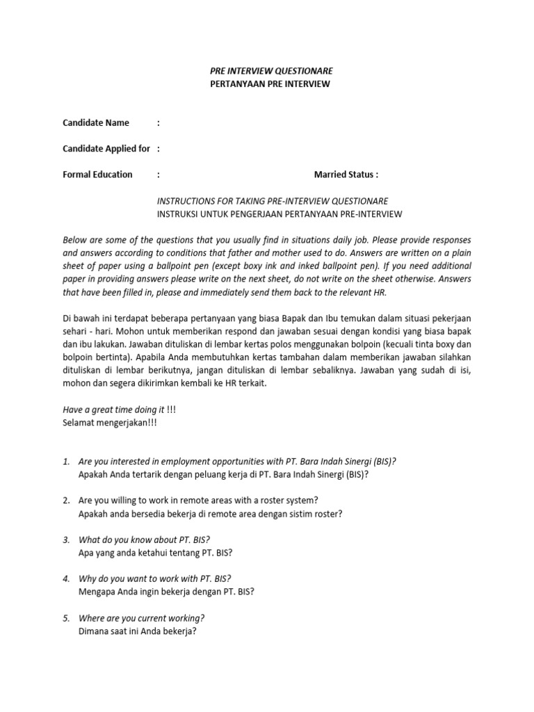 Pre Interview Questionare - BIS Group | PDF