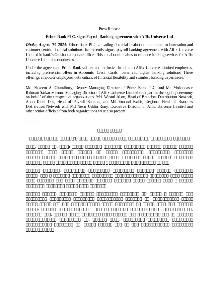 English - Prime Bank PLC. Signs Payroll Banking Agreement With Affix ...