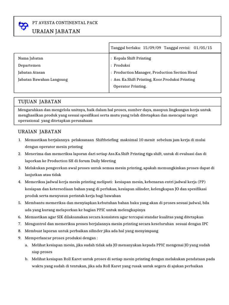 Contoh Job Desc Standard ISO | PDF