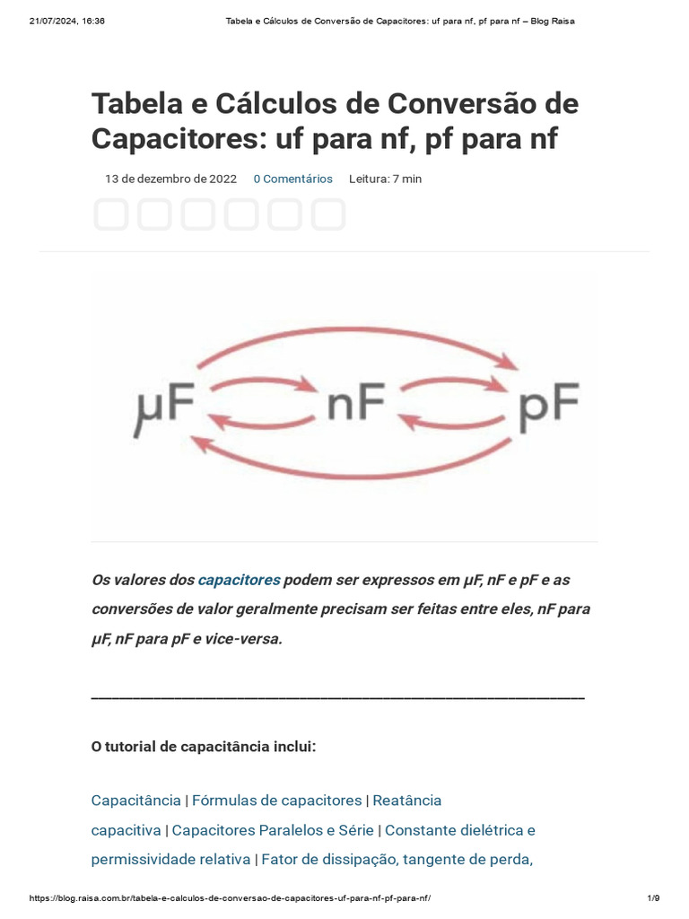 Tabela e Cálculos de Conversão de Capacitores - Uf para NF, PF para NF - Blog Raisa | PDF