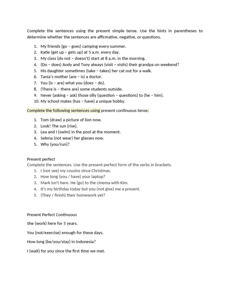 Complete The Sentences Using The Present Simple Tense | PDF