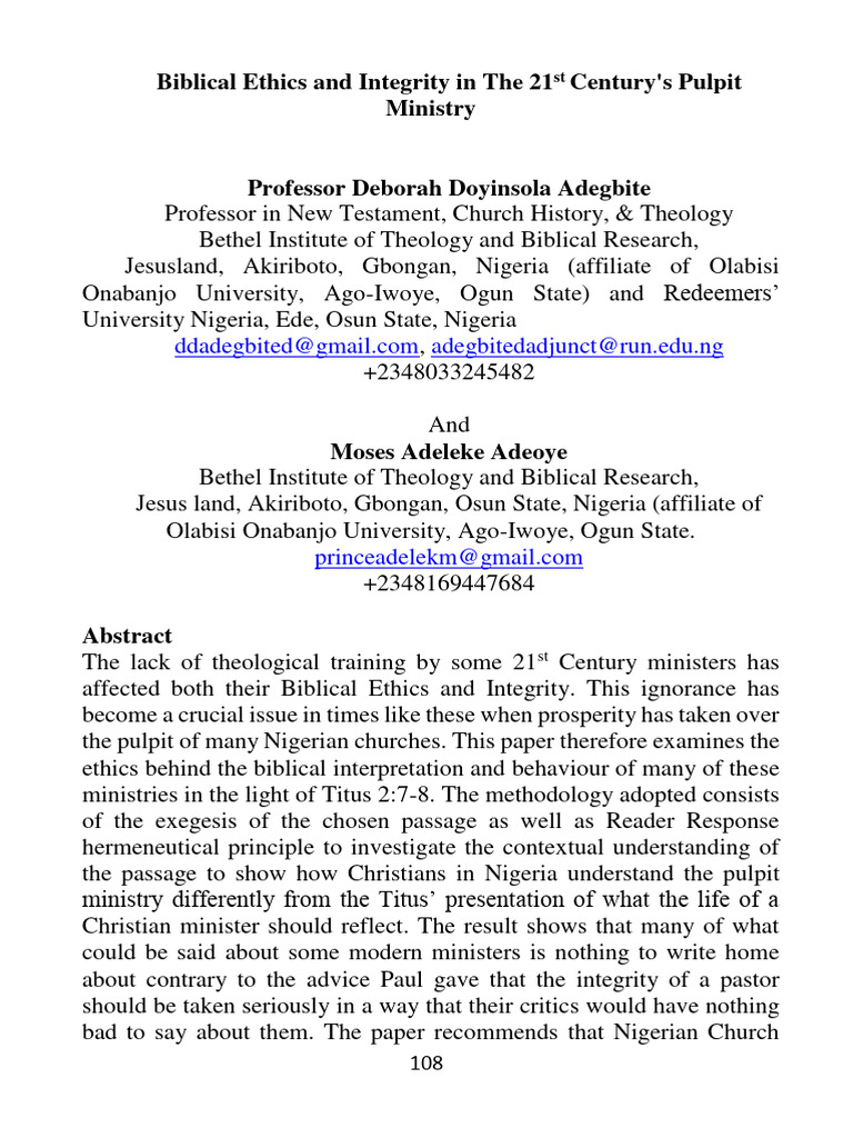 Biblical Ethics and Integrity in The 21 | PDF